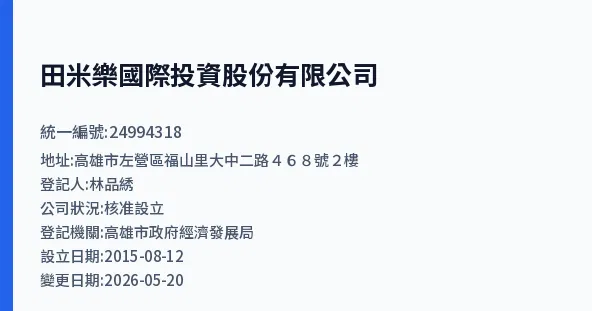 田米樂國際投資股份有限公司的照片-統編 24994318(高雄市) 公司登記資料與營業項目詳細圖表