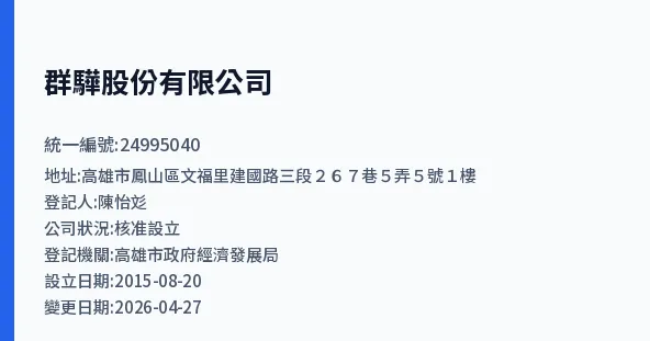 群驊股份有限公司的照片-統編 24995040(高雄市) 公司登記資料與營業項目詳細圖表