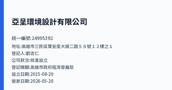 亞呈環境設計有限公司的照片-統編 24995392(高雄市) 公司登記資料與營業項目詳細圖表