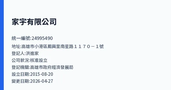 家宇有限公司的照片-統編 24995490(高雄市) 公司登記資料與營業項目詳細圖表