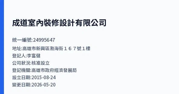 成道室內裝修設計有限公司的照片-統編 24995647(高雄市) 公司登記資料與營業項目詳細圖表