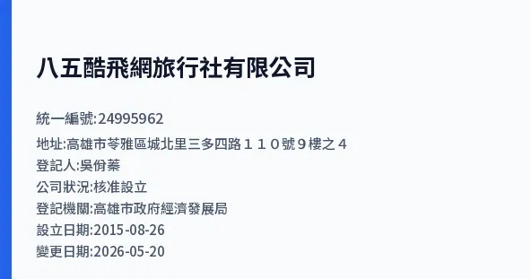 八五酷飛網旅行社有限公司的照片-統編 24995962(高雄市) 公司登記資料與營業項目詳細圖表