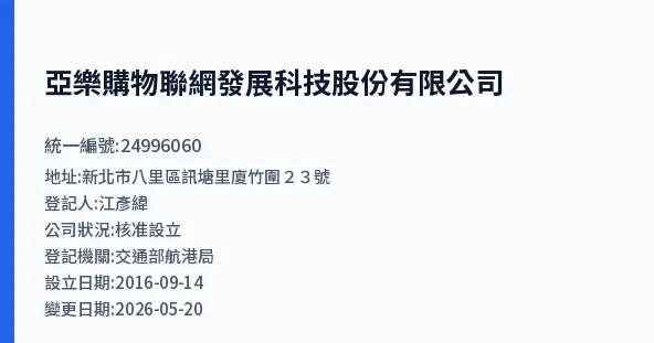 亞樂購物聯網發展科技股份有限公司的照片-統編 24996060(新北市) 公司登記資料與營業項目詳細圖表