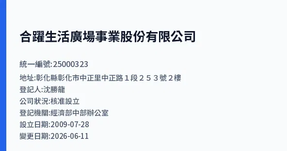 合躍生活廣場事業股份有限公司的照片-統編 25000323(彰化縣) 公司登記資料與營業項目詳細圖表