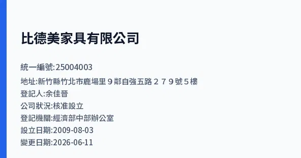 比德美家具有限公司的照片-統編 25004003(新竹縣) 公司登記資料與營業項目詳細圖表