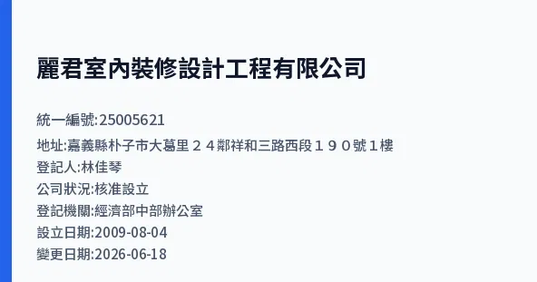 麗君室內裝修設計工程有限公司的照片-統編 25005621(嘉義縣) 公司登記資料與營業項目詳細圖表