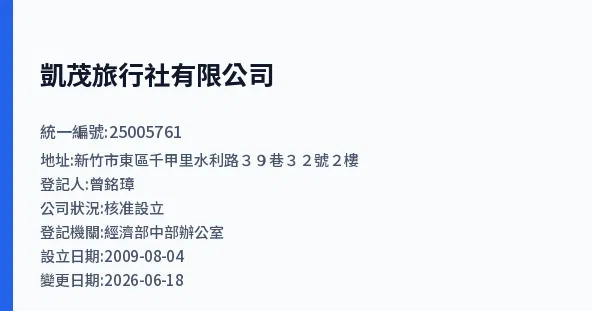 凱茂旅行社有限公司的照片-統編 25005761(新竹市) 公司登記資料與營業項目詳細圖表