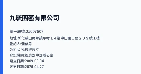 九毓園藝有限公司的照片-統編 25007607(彰化縣) 公司登記資料與營業項目詳細圖表