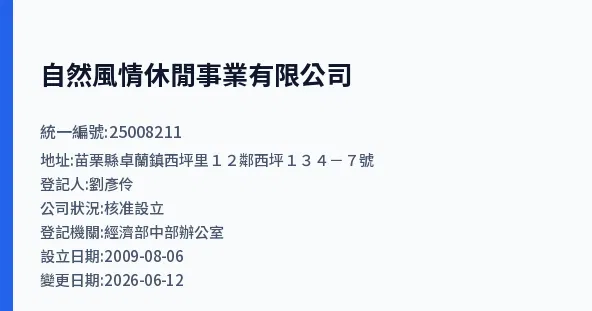 自然風情休閒事業有限公司的照片-統編 25008211(苗栗縣) 公司登記資料與營業項目詳細圖表