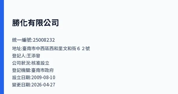 勝化有限公司的照片-統編 25008232(臺南市) 公司登記資料與營業項目詳細圖表