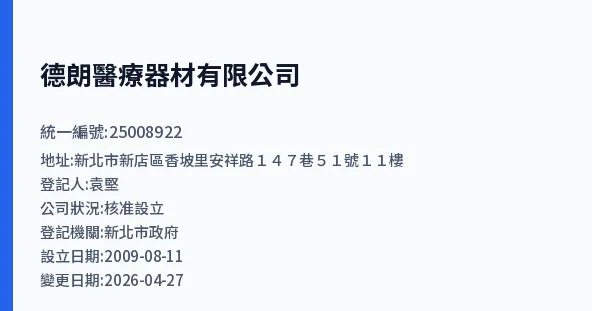 德朗醫療器材有限公司的照片-統編 25008922(新北市) 公司登記資料與營業項目詳細圖表