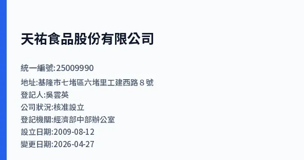 天祐食品股份有限公司的照片-統編 25009990(基隆市) 公司登記資料與營業項目詳細圖表