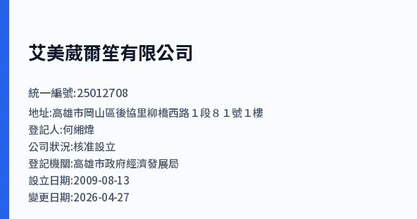 艾美葳爾笙有限公司的照片-統編 25012708(高雄市) 公司登記資料與營業項目詳細圖表