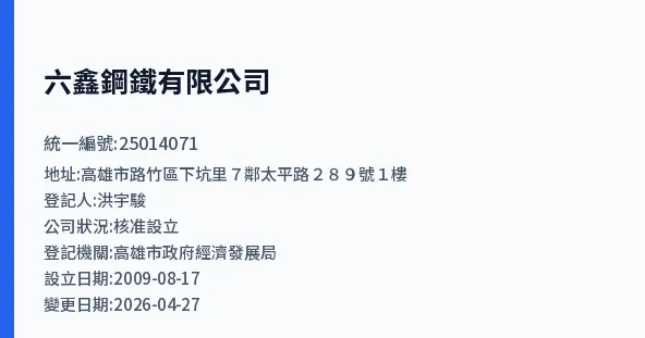 六鑫鋼鐵有限公司的照片-統編 25014071(高雄市) 公司登記資料與營業項目詳細圖表
