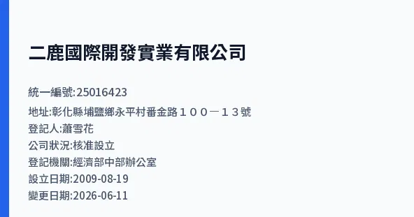 二鹿國際開發實業有限公司的照片-統編 25016423(彰化縣) 公司登記資料與營業項目詳細圖表