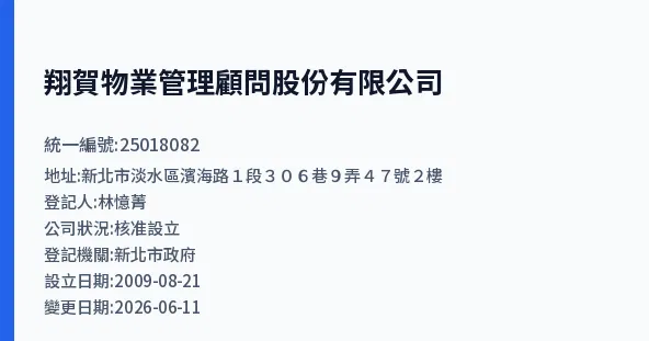 翔賀物業管理顧問股份有限公司的照片-統編 25018082(新北市) 公司登記資料與營業項目詳細圖表