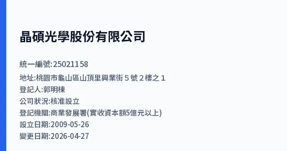 晶碩光學股份有限公司的照片-統編 25021158(桃園市) 公司登記資料與營業項目詳細圖表