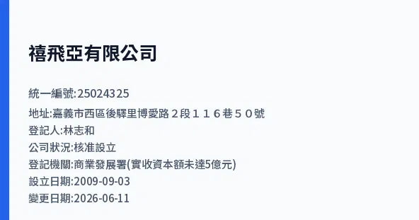 禧飛亞有限公司的照片-統編 25024325(嘉義市) 公司登記資料與營業項目詳細圖表