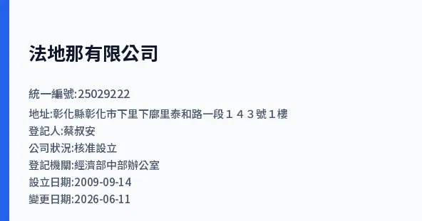 法地那有限公司的照片-統編 25029222(彰化縣) 公司登記資料與營業項目詳細圖表