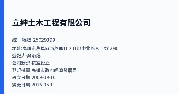 立紳土木工程有限公司的照片-統編 25029399(高雄市) 公司登記資料與營業項目詳細圖表