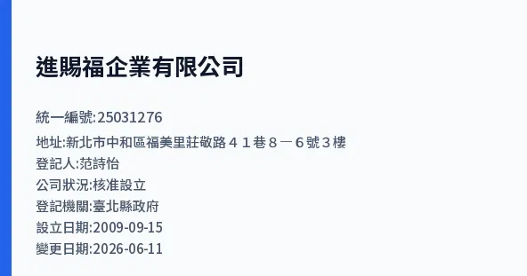 進賜福企業有限公司的照片-統編 25031276(新北市) 公司登記資料與營業項目詳細圖表