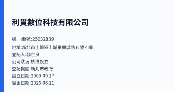 利貫數位科技有限公司的照片-統編 25032839(新北市) 公司登記資料與營業項目詳細圖表