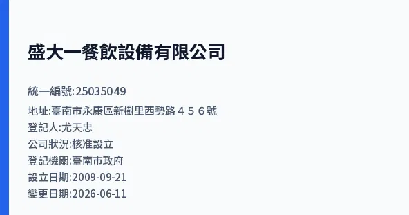 盛大一餐飲設備有限公司的照片-統編 25035049(臺南市) 公司登記資料與營業項目詳細圖表