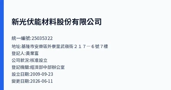新光伏能材料股份有限公司的照片-統編 25035322(基隆市) 公司登記資料與營業項目詳細圖表