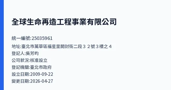 全球生命再造工程事業有限公司的照片-統編 25035961(臺北市) 公司登記資料與營業項目詳細圖表