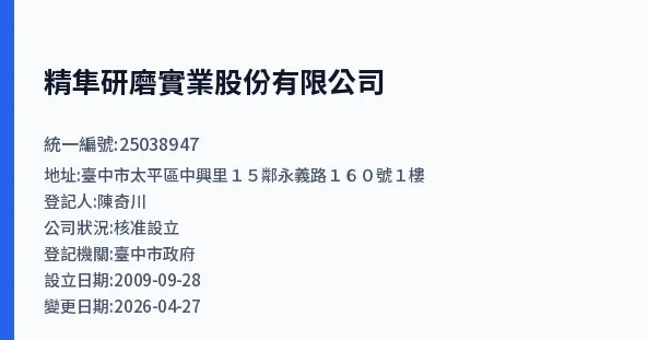 精隼研磨實業股份有限公司的照片-統編 25038947(臺中市) 公司登記資料與營業項目詳細圖表