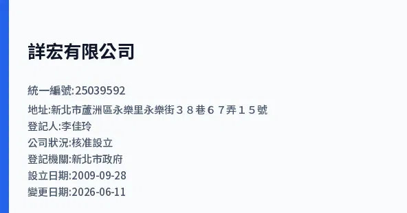 詳宏有限公司的照片-統編 25039592(新北市) 公司登記資料與營業項目詳細圖表