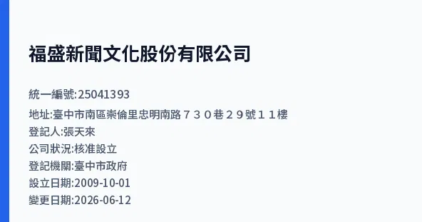 福盛新聞文化股份有限公司的照片-統編 25041393(臺中市) 公司登記資料與營業項目詳細圖表