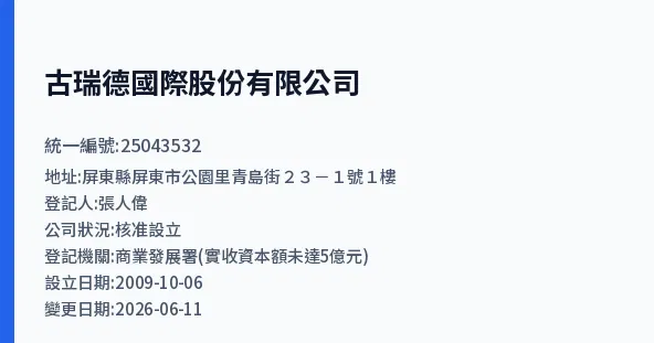 古瑞德國際股份有限公司的照片-統編 25043532(屏東縣) 公司登記資料與營業項目詳細圖表
