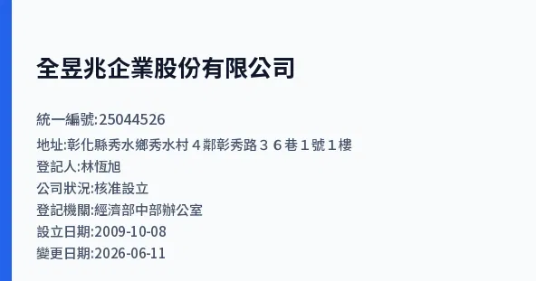 全昱兆企業股份有限公司的照片-統編 25044526(彰化縣) 公司登記資料與營業項目詳細圖表