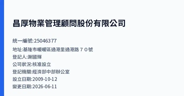 昌厚物業管理顧問股份有限公司的照片-統編 25046377(基隆市) 公司登記資料與營業項目詳細圖表