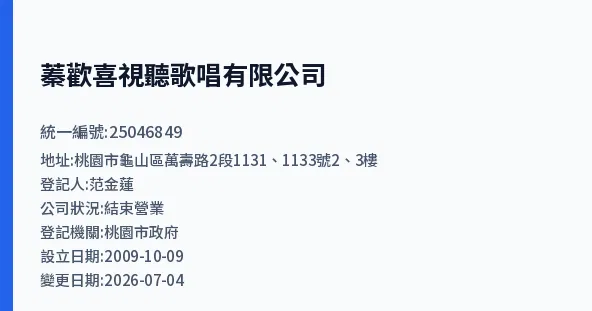 蓁歡喜視聽歌唱有限公司的照片-統編 25046849(桃園市) 公司登記資料與營業項目詳細圖表
