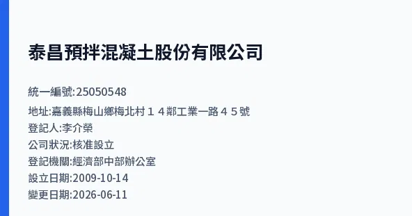 泰昌預拌混凝土股份有限公司的照片-統編 25050548(嘉義縣) 公司登記資料與營業項目詳細圖表
