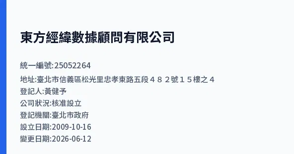東方經緯數據顧問有限公司的照片-統編 25052264(臺北市) 公司登記資料與營業項目詳細圖表