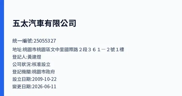 五太汽車有限公司的照片-統編 25055327(桃園市) 公司登記資料與營業項目詳細圖表