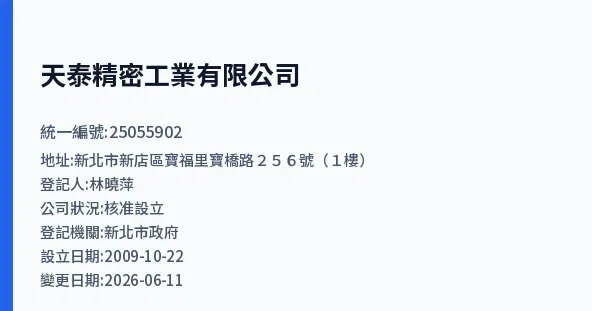 天泰精密工業有限公司的照片-統編 25055902(新北市) 公司登記資料與營業項目詳細圖表