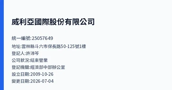 威利亞國際股份有限公司的照片-統編 25057649(雲林縣) 公司登記資料與營業項目詳細圖表