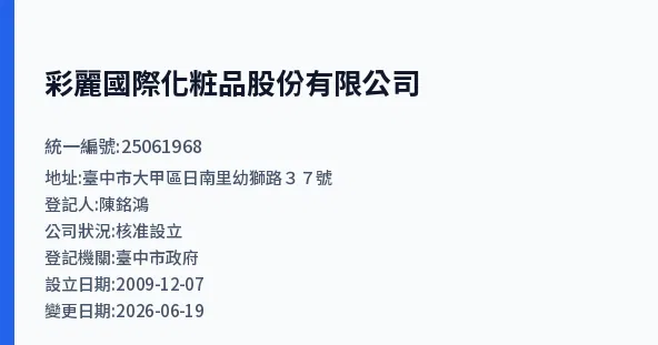 彩麗國際化粧品股份有限公司的照片-統編 25061968(臺中市) 公司登記資料與營業項目詳細圖表