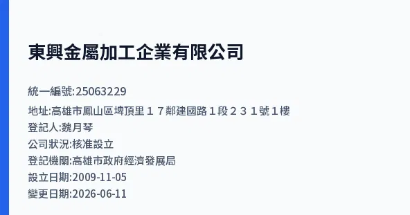 東興金屬加工企業有限公司的照片-統編 25063229(高雄市) 公司登記資料與營業項目詳細圖表
