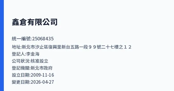 鑫倉有限公司的照片-統編 25068435(新北市) 公司登記資料與營業項目詳細圖表