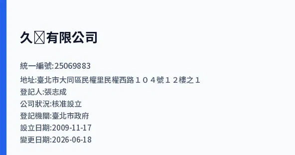 久竔有限公司的照片-統編 25069883(臺北市) 公司登記資料與營業項目詳細圖表