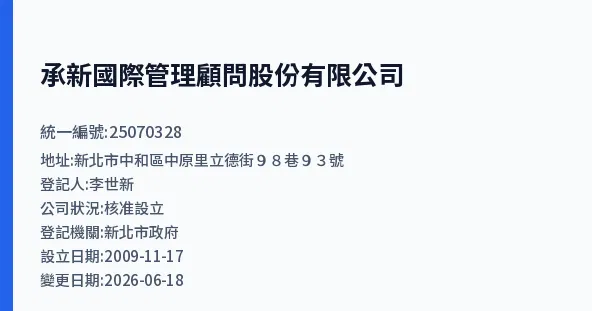 承新國際管理顧問股份有限公司的照片-統編 25070328(新北市) 公司登記資料與營業項目詳細圖表