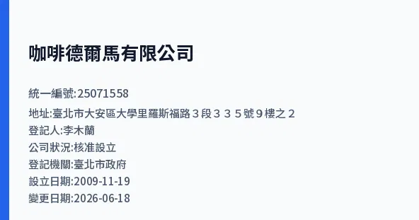 咖啡德爾馬有限公司的照片-統編 25071558(臺北市) 公司登記資料與營業項目詳細圖表