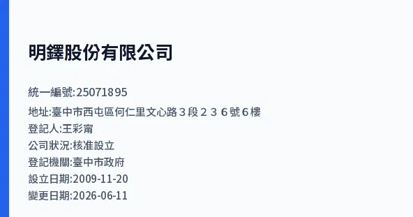 明鐸股份有限公司的照片-統編 25071895(臺中市) 公司登記資料與營業項目詳細圖表