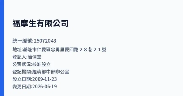 福摩生有限公司的照片-統編 25072043(基隆市) 公司登記資料與營業項目詳細圖表