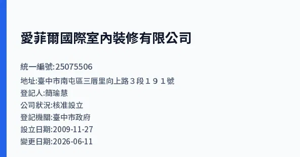愛菲爾國際室內裝修有限公司的照片-統編 25075506(臺中市) 公司登記資料與營業項目詳細圖表